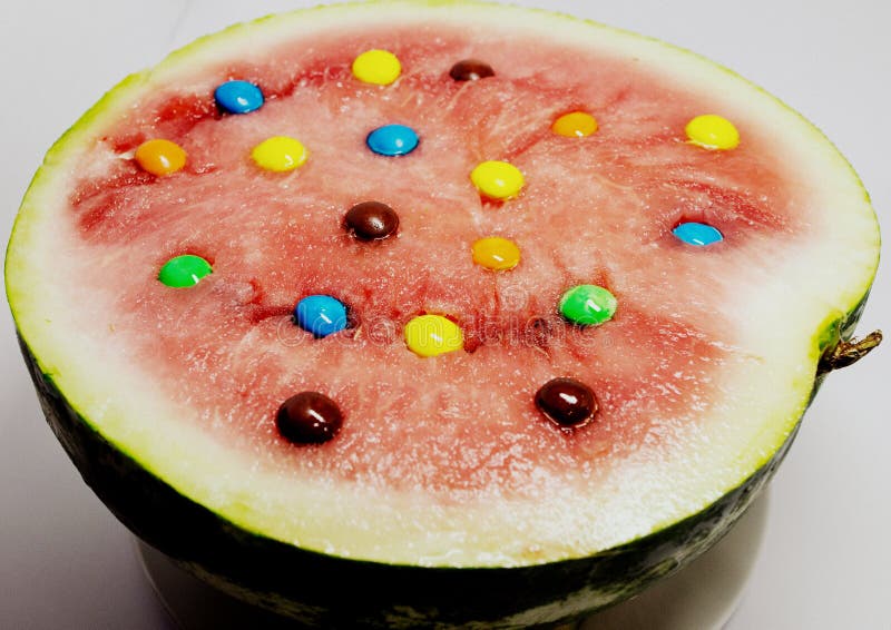 Half of Red Watermelon with Colored Candy. Stock Photo - Image of fruit ...