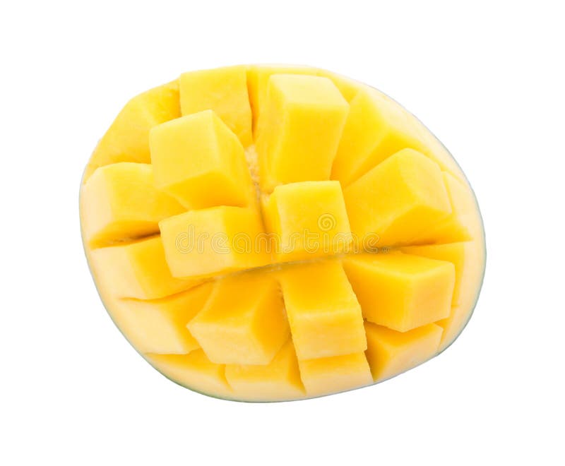 Half of Ripe Mango Cut into Cubes Isolated, Top View Stock Photo ...
