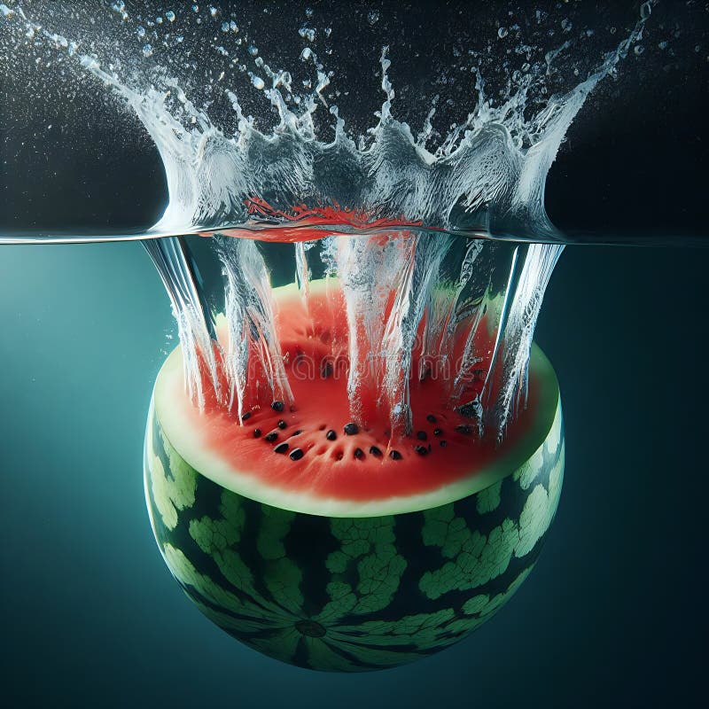 Half of Ripe Watermelon Fruit Plops into the Clear Water with the Water ...