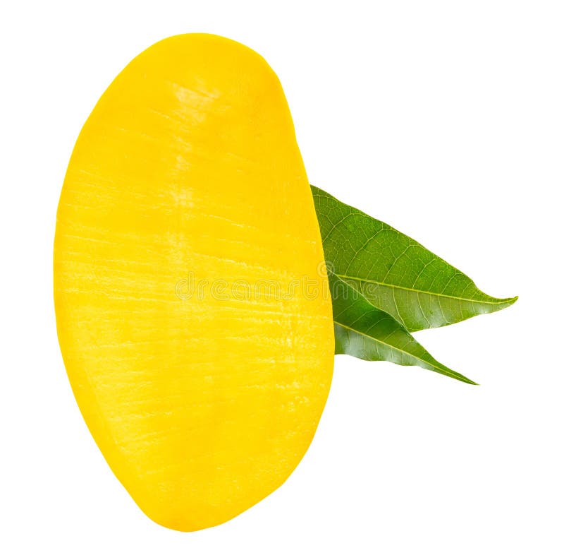 A Half of Ripe Yellow Mango Fruit with Green Leaves Isolated on White ...