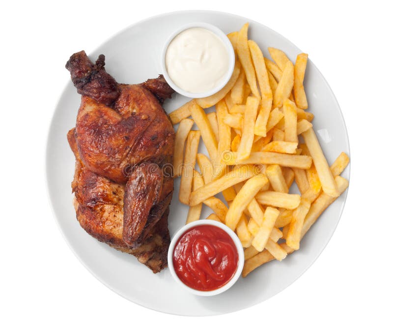 Half Roasted Chicken and French Fries Stock Photo - Image of potato ...
