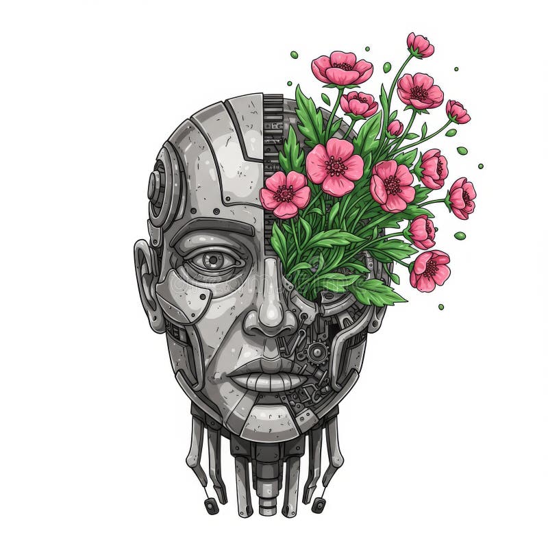Half Robot Face with Pink Floral Accents on White Background in Digital ...