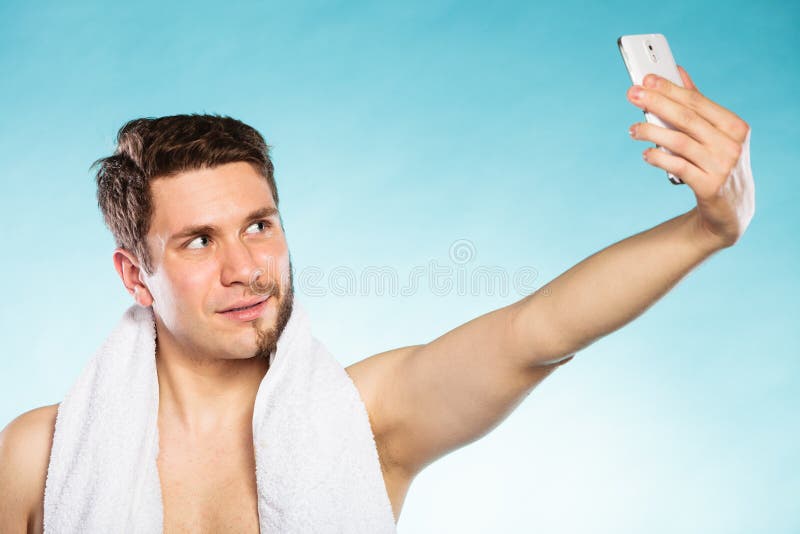 Half Shaved Man Taking Selfie Self Photo. Stock Image - Image of phone ...