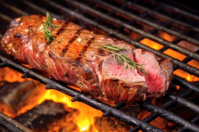 Half Sliced Medium-rare Steak on Grill Grate Over Blazing Coals Stock ...