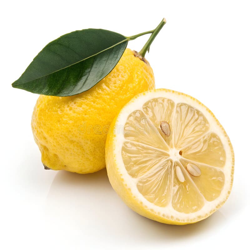 Half Sliced Yellow Lemon Fruit with Green Leaf Isolated on White ...