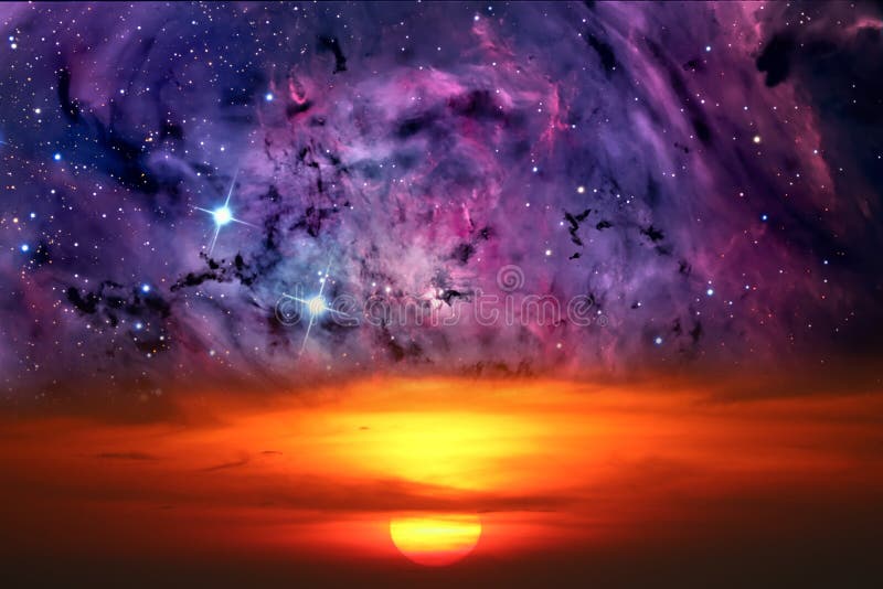 Half Sun Back Red Cloud and Nebula Galaxy on the Sunset Sky Stock Photo ...