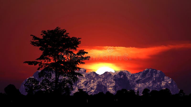 Half Sun Back Red Cloud on Sunset Sky and Silhouette Tree on Mountain ...