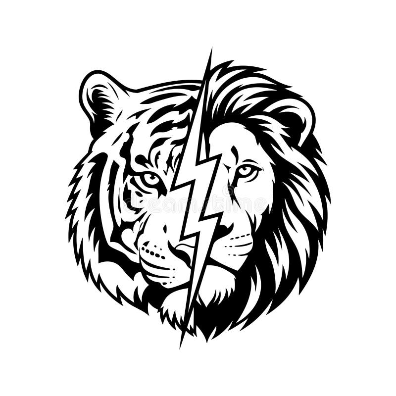 Half Tiger and Half Lion Face Split by Lightning Bolt in Bold Black and ...