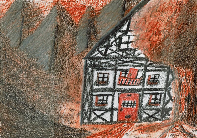Half-Timbered House in the Forest - Red Chalk Drawing Stock Vector ...