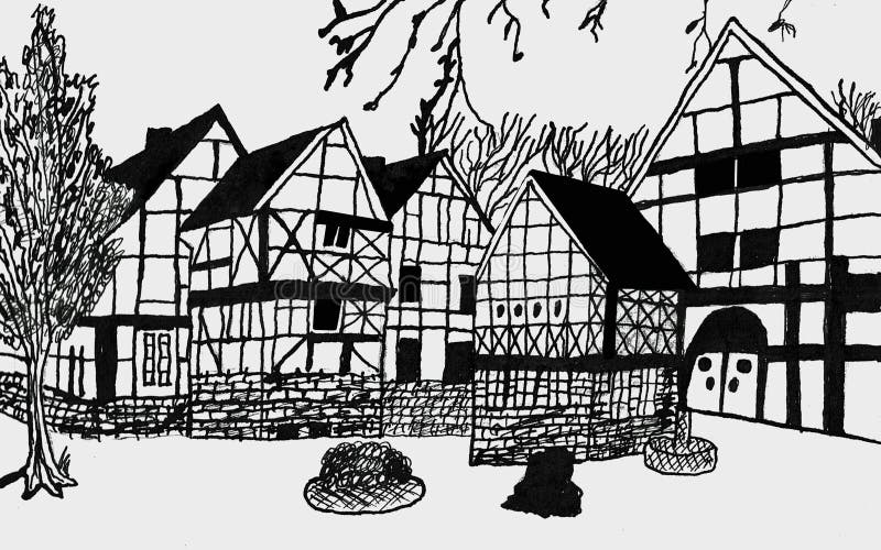 Half-Timbered Houses in a Village. Hand-Drawn Ink Drawing Stock Vector ...
