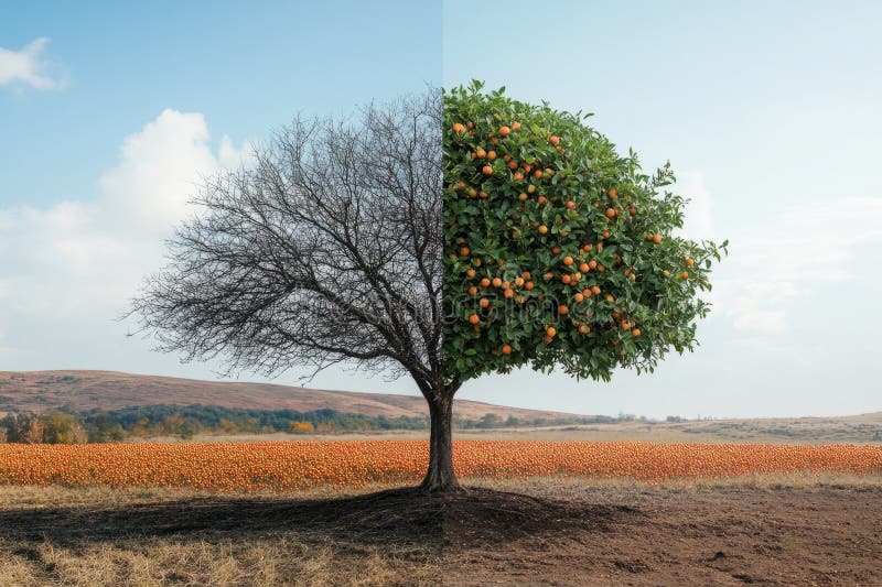 Half of the Tree is Alive and Full of Oranges, while the Other Half is ...