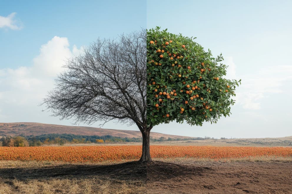 Half of the Tree is Alive and Full of Oranges, while the Other Half is ...