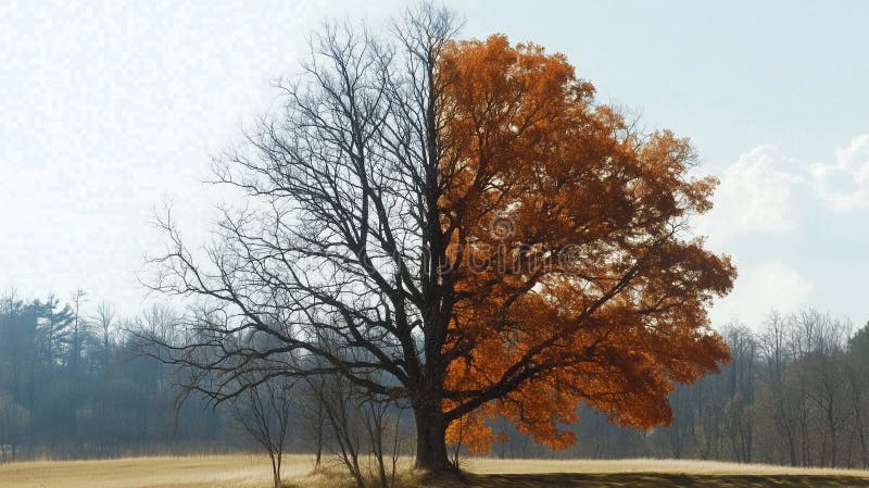 Half of the Tree Features Bare, Leafless Branches, while the Other Half ...