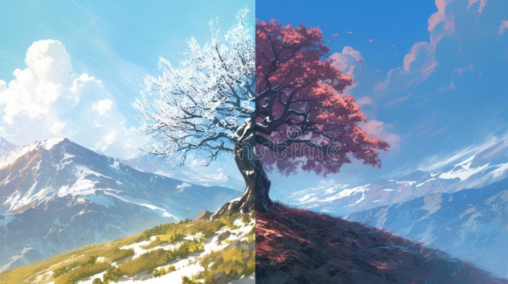 Half Tree in Winter, Half Tree in Spring and Summer, Change of Seasons ...