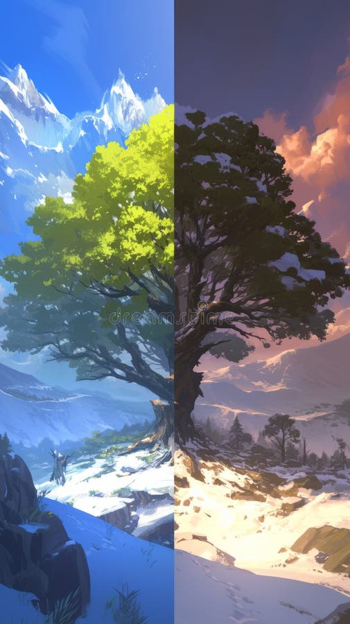 Half Tree in Winter, Half Tree in Spring and Summer, Change of Seasons ...