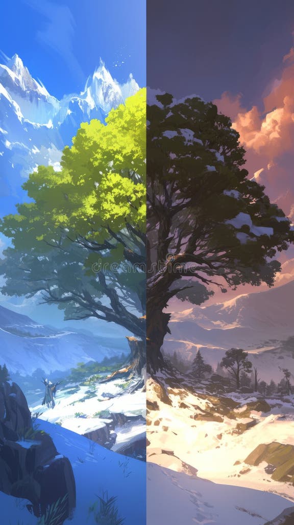 Half Tree in Winter, Half Tree in Spring and Summer, Change of Seasons ...