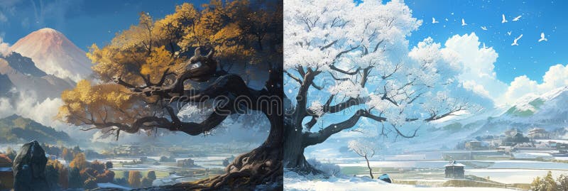 Half Tree in Winter, Half Tree in Spring and Summer, Change of Seasons ...