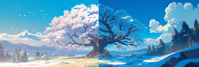 Half Tree in Winter, Half Tree in Spring and Summer, Change of Seasons ...