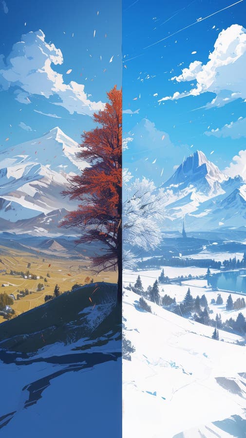 Half Tree in Winter, Half Tree in Spring and Summer, Change of Seasons ...