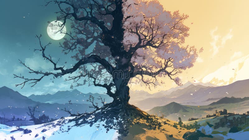 Half Tree in Winter, Half Tree in Spring and Summer, Change of Seasons ...