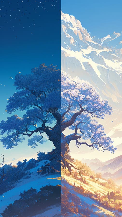 Half Tree in Winter, Half Tree in Spring and Summer, Change of Seasons ...