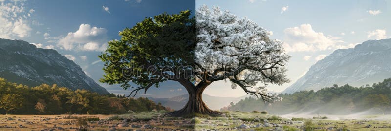 Half Tree in Winter, Half Tree in Spring and Summer, Change of Seasons ...