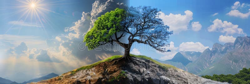 Half Tree in Winter, Half Tree in Spring and Summer, Change of Seasons ...