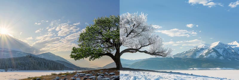 Half Tree in Winter, Half Tree in Spring and Summer, Change of Seasons ...