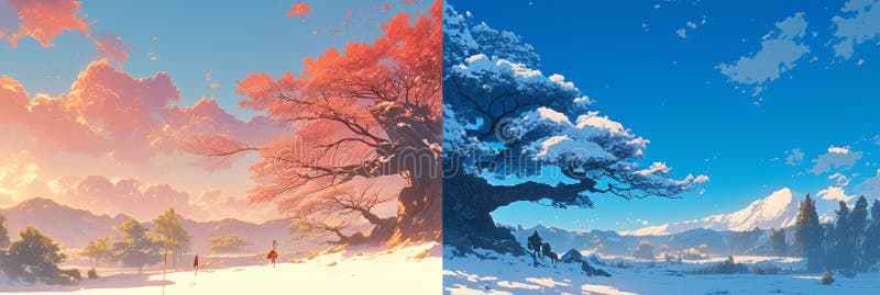 Half Tree in Winter, Half Tree in Spring and Summer, Change of Seasons ...