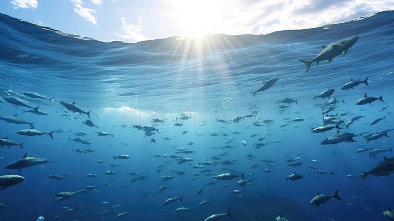 A Half Under Water View with a Fish Swarm, Ai Generated Image Stock ...