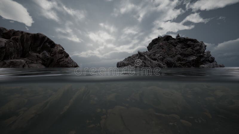 Half Underwater in Northern Sea with Rocks Stock Illustration ...