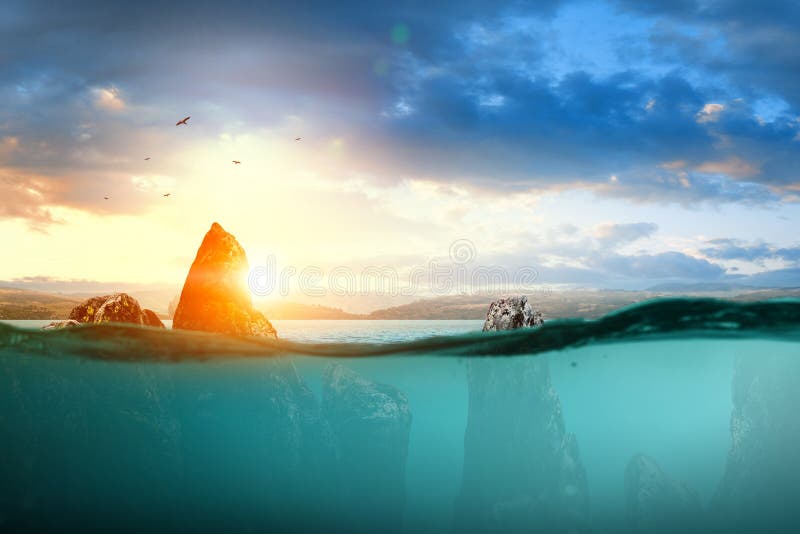 Half Underwater in the Sea a Big Rock Stock Photo - Image of aquatic ...