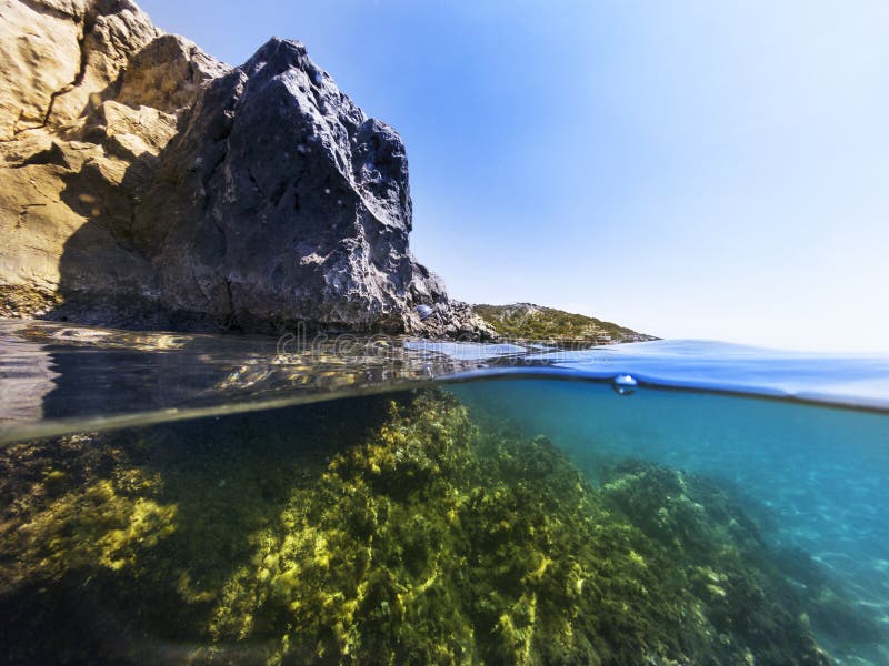 Half Underwater Shot, Clear Water and Sunny Blue Sky. Tropical Ocean ...