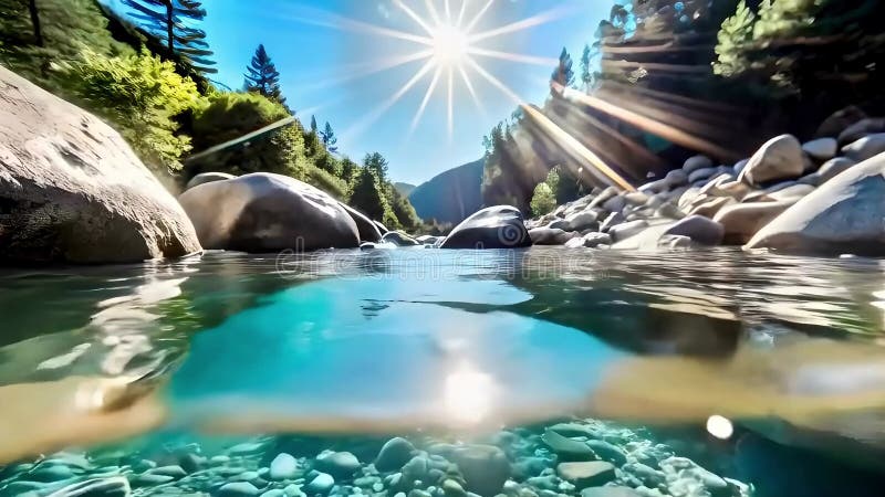 Half Underwater Shot of Mountain Stream with Crystal Clear Water. Stock ...