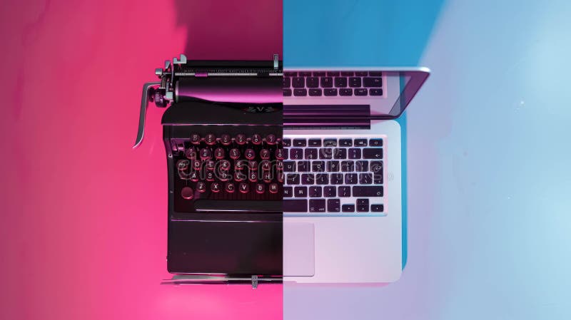 Half Vintage Typewriter, Half Modern Laptop. Evolution of Writing ...
