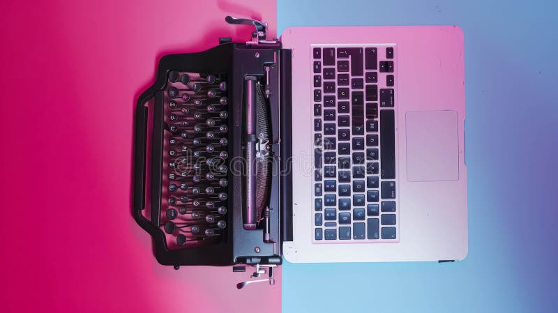 Half Vintage Typewriter, Half Modern Laptop. Evolution of Writing ...