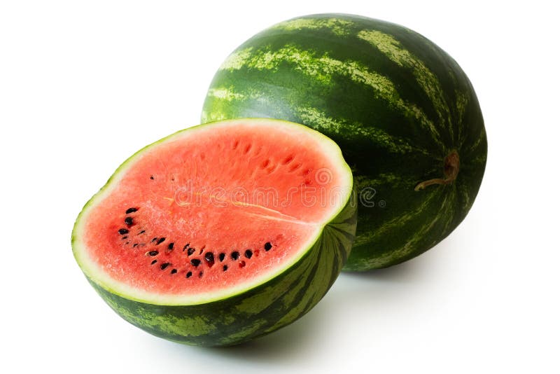 Half Watermelon with Seeds Next To Whole Watermelon Isolated on Stock ...