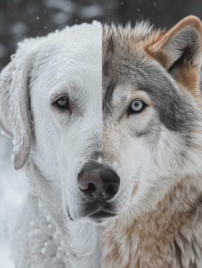 Half White Labrador Dog Face on Left and Half Elderly White Wolf on the ...