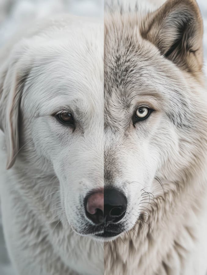 Half White Labrador Dog Face on Left and Half Elderly White Wolf on the ...