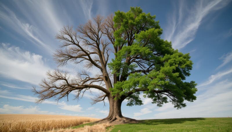 Half-Withered Tree in Field, Symbolizing Pollution Effects Stock ...
