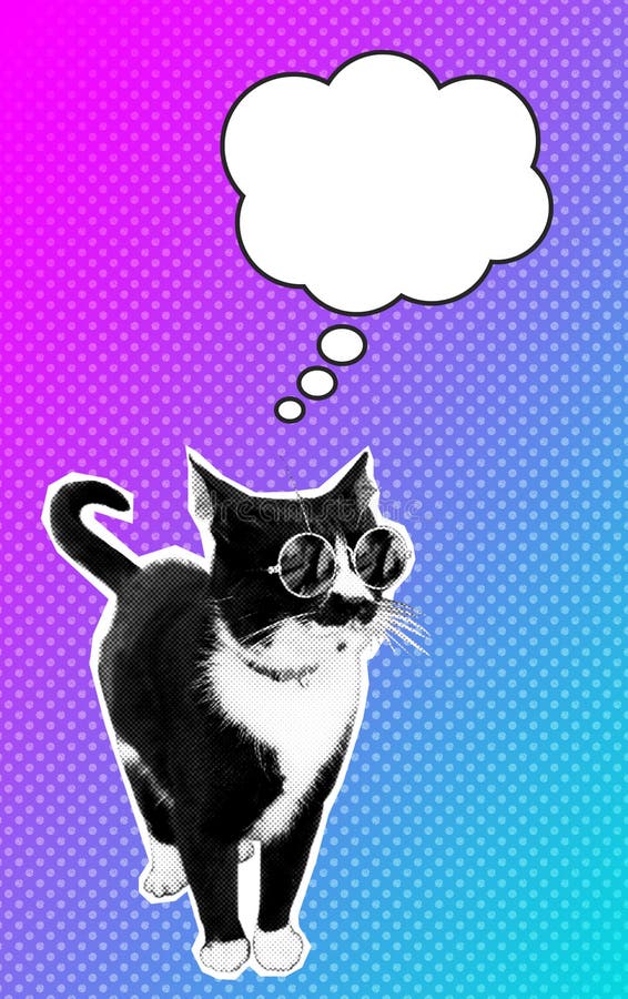 Halftone Black and White Cat Thinking Bubble Spectrum Collage Stock ...