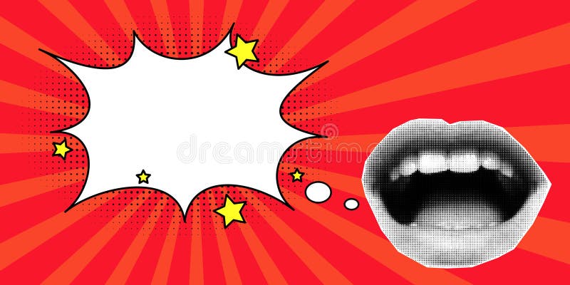 Halftone Collage Retro Banner with Open Mouth and Speech Bubble, Red ...