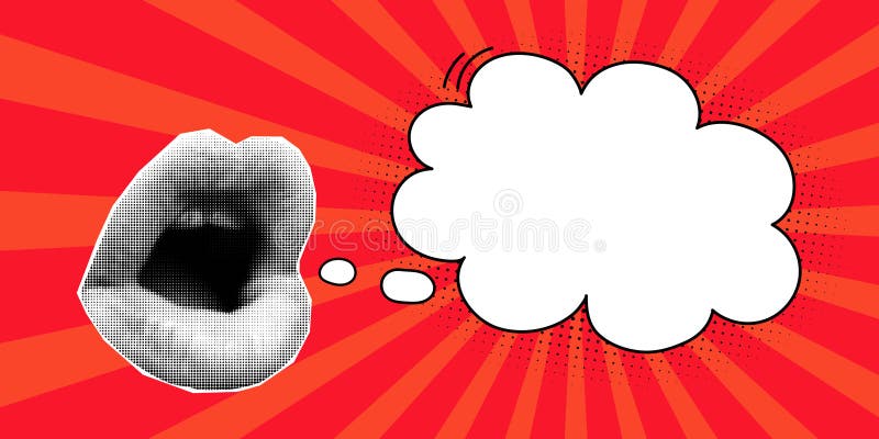 Halftone Collage Retro Banner Template, Open Mouth and Speech Bubble ...