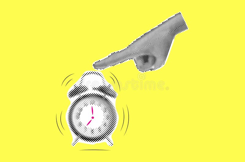 Halftone Creative Collage of Human Arm Press Button Morning Wake Up ...