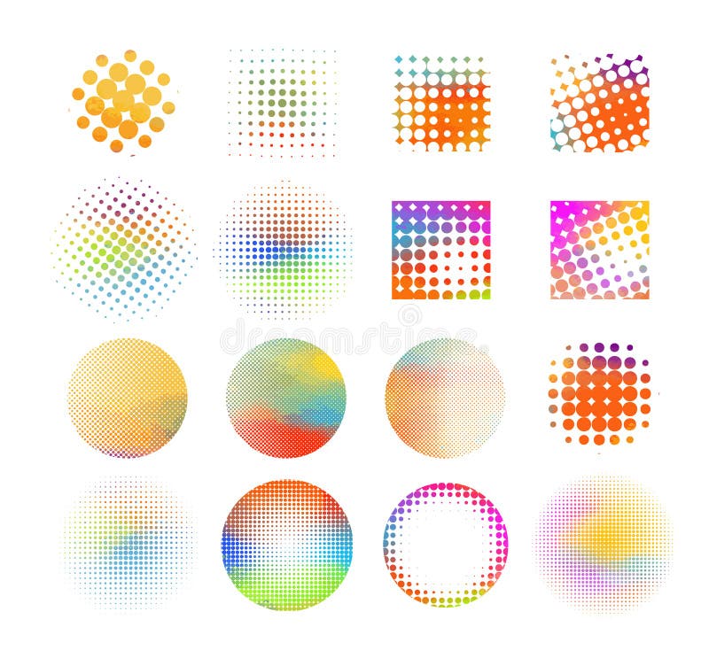 Halftone Dot Background Set of Round Colored Elements. Hand Drawing ...