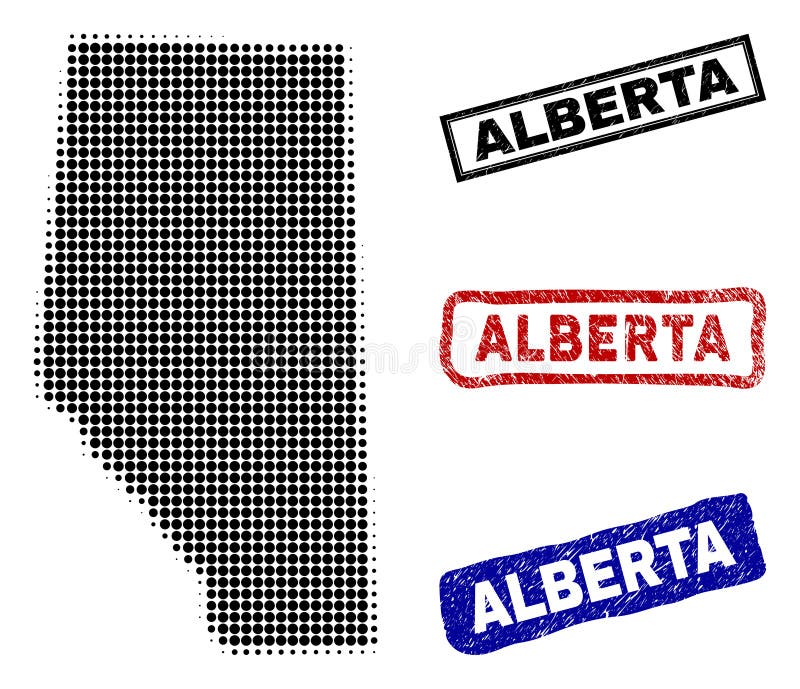 Alberta Province Map in Halftone Dot Style with Grunge Name Stamps ...