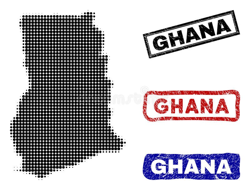 Ghana Map in Halftone Dot Style with Grunge Name Stamps Stock Vector ...