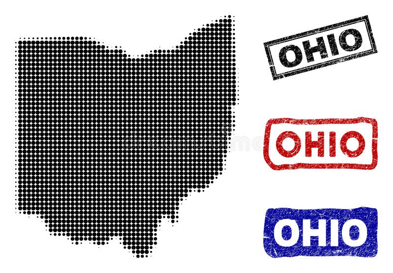Ohio State Map in Halftone Dot Style with Grunge Title Stamps Stock ...