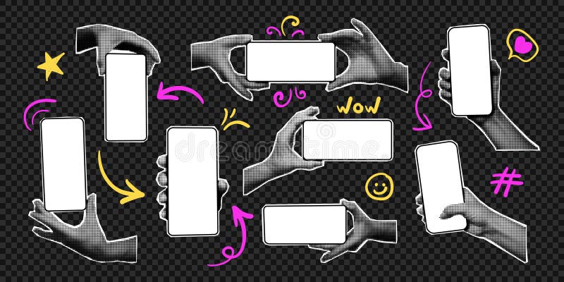 Halftone Hands Holding Smartphones Set Vector Illustration Stock Vector ...