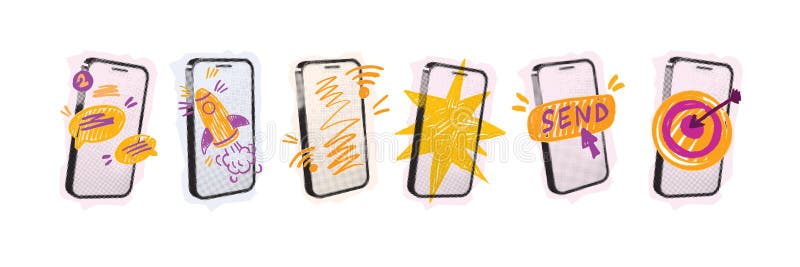 Halftone Smartphone Collage Set, Vector Phone Screen Business ...